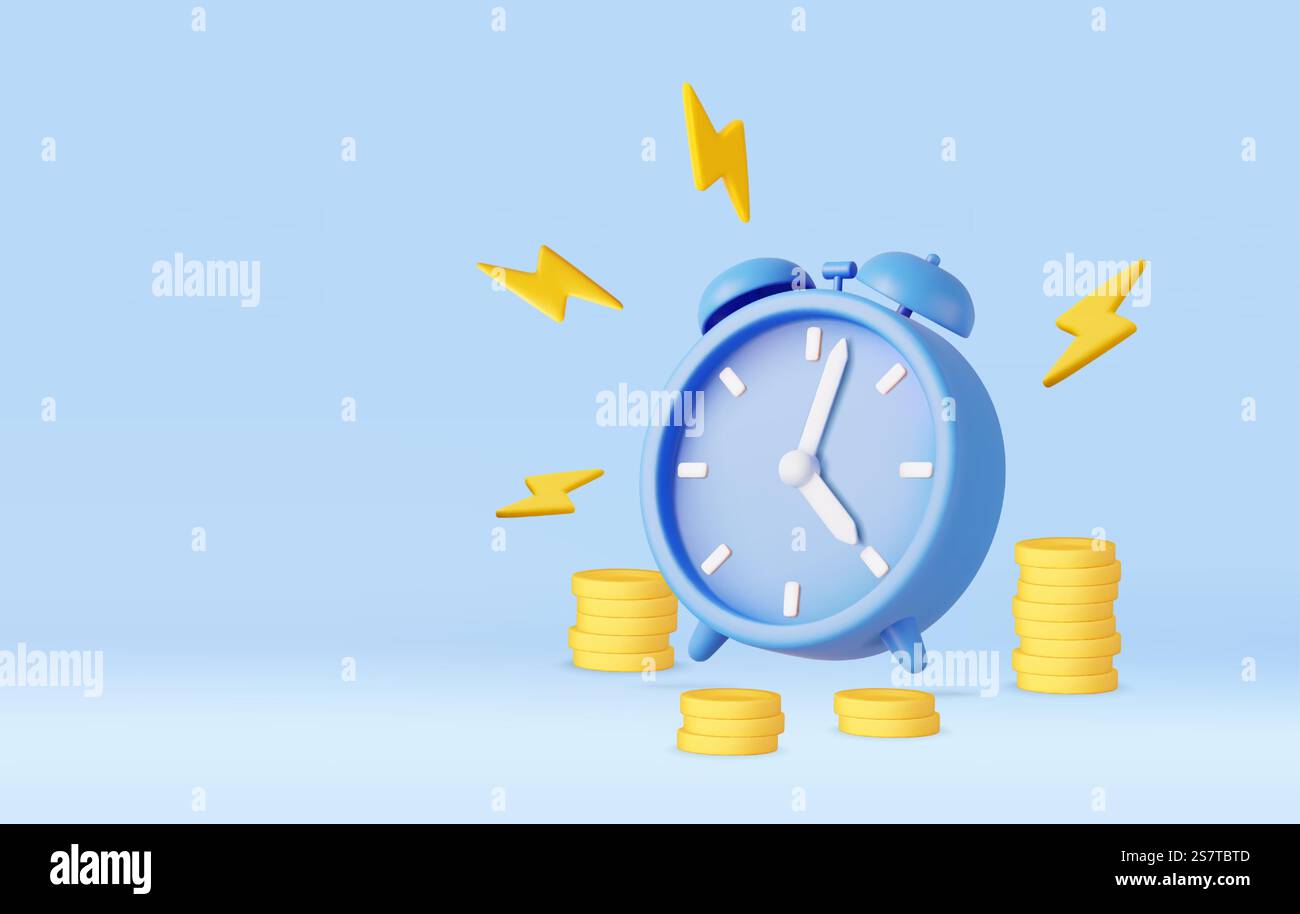 3d Alarm Clock Ringing And Coins Stack Time To Pay Concept Bundle Of