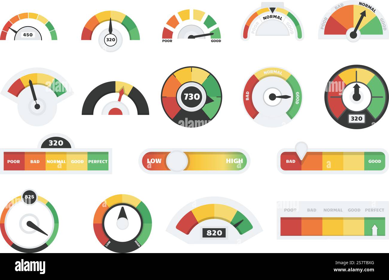 Speedometers and credit indicators. Speed chart, feedback or customer satisfaction meter. Mood ...