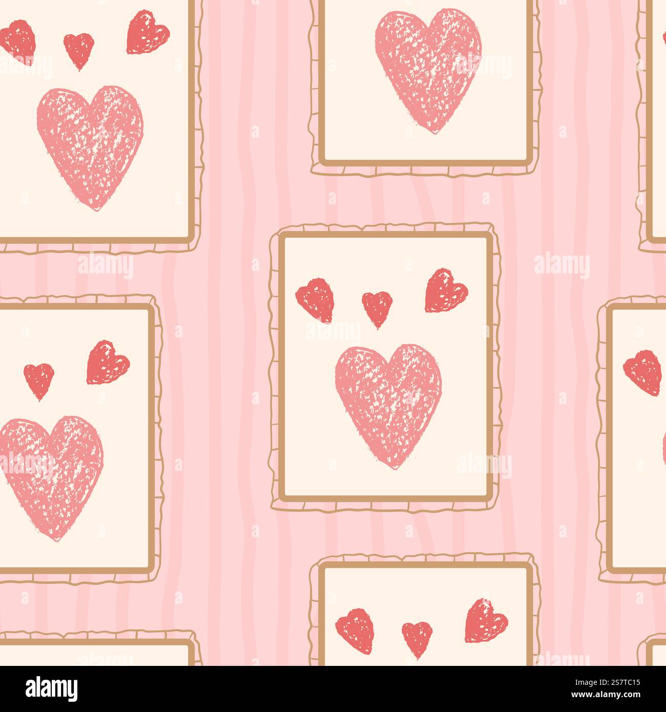 Hearts crayon drawn seamless pattern. Valentines day rectangular frames ...