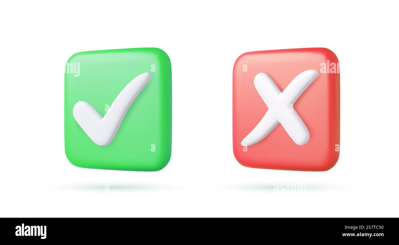 Green tick check mark and cross mark symbols icon element in square, Simple ok yes no graphic ...