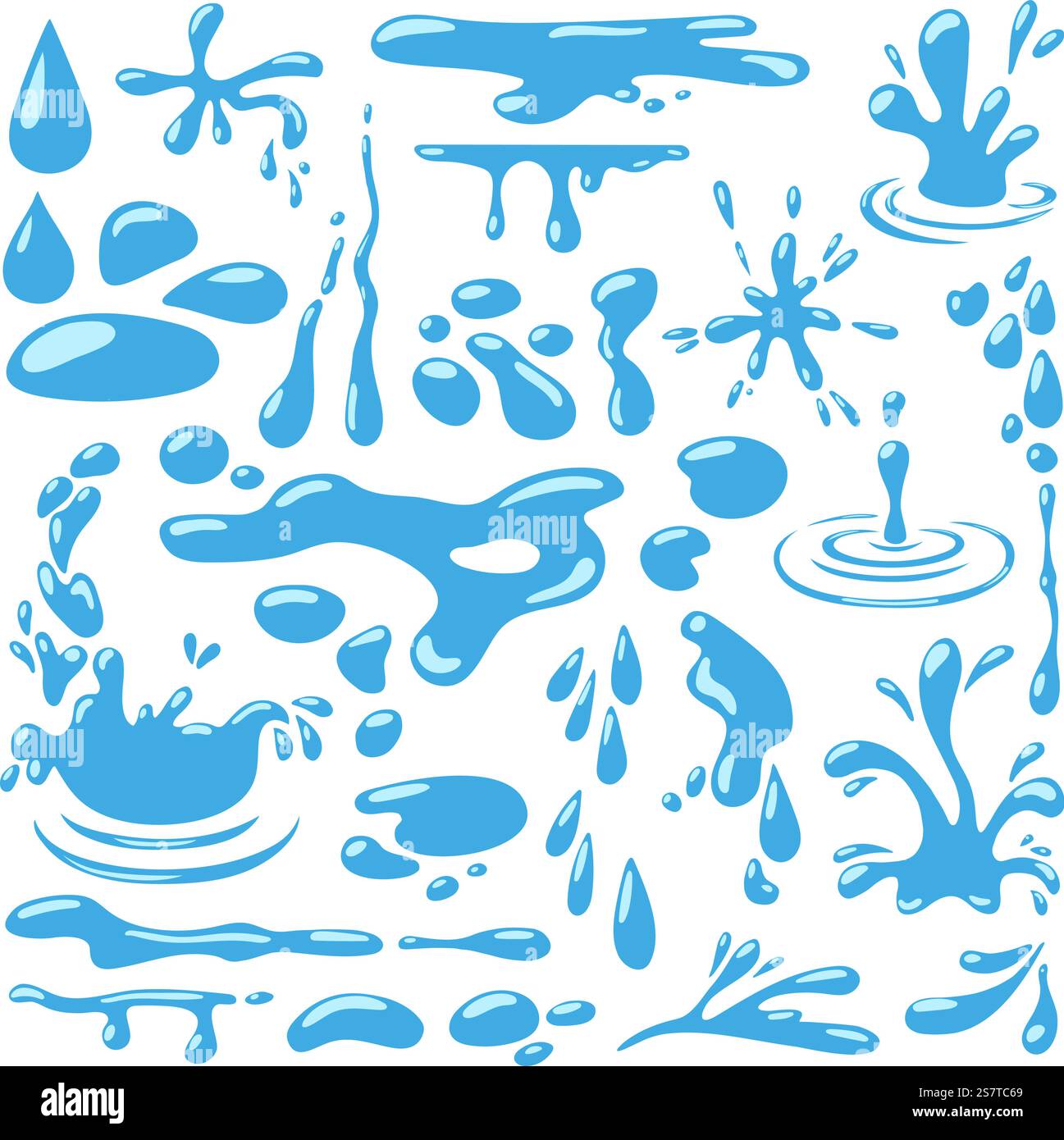 Cartoon water puddles and drops, blue drop falling and splashing ...