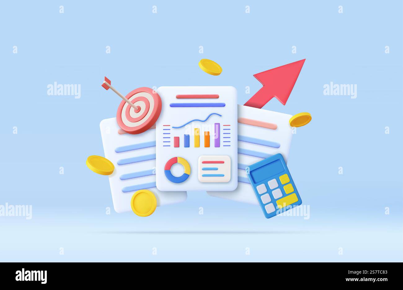 3d Calculator, bar chart, shooting target with floating coin. Concept ...