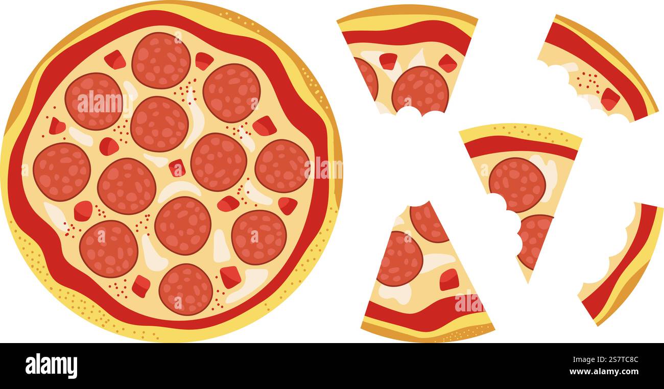 Pizza slice, slicing salami pizza. Top view italian food, eating cute yummy fast food ...