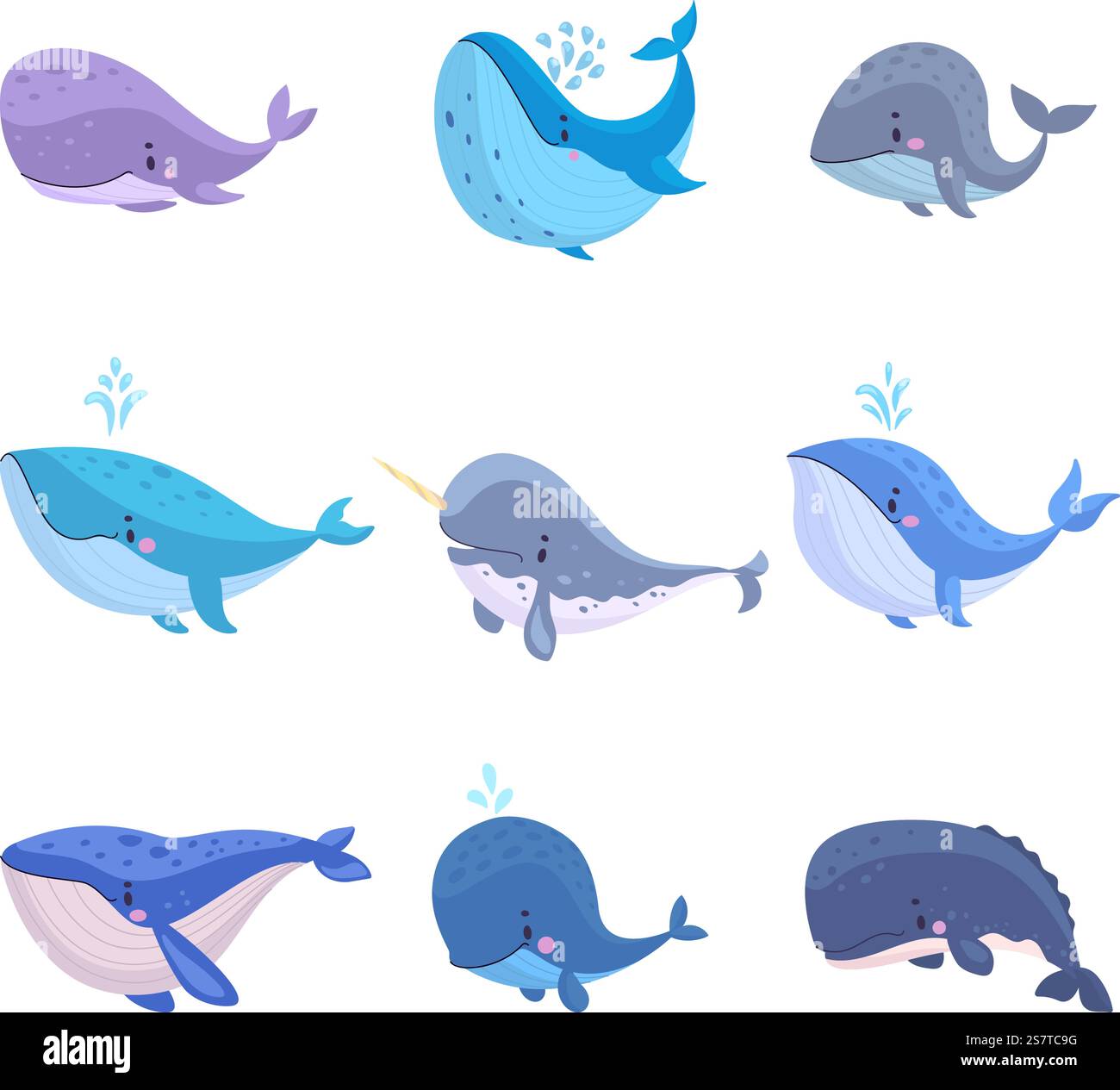 Cartoon whales. Cute underwater whale characters, marine animals ...