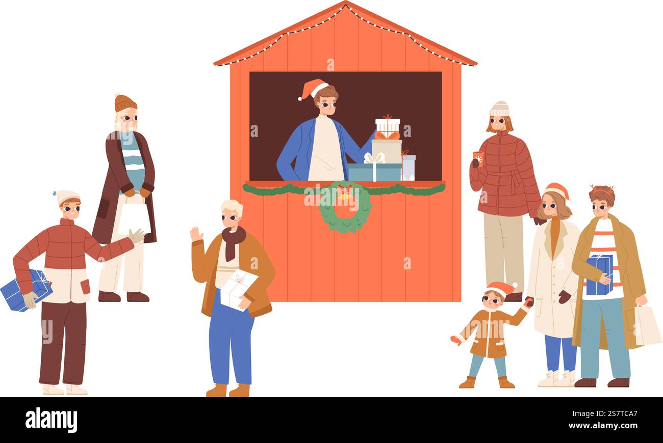 Christmas stall, winter holiday marketing. People walking and buy gifts ...