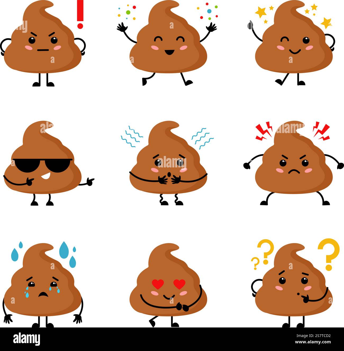 Poop characters, baby stool emojis. Happy cute excrement, funny emotional fecals. Cartoon ...