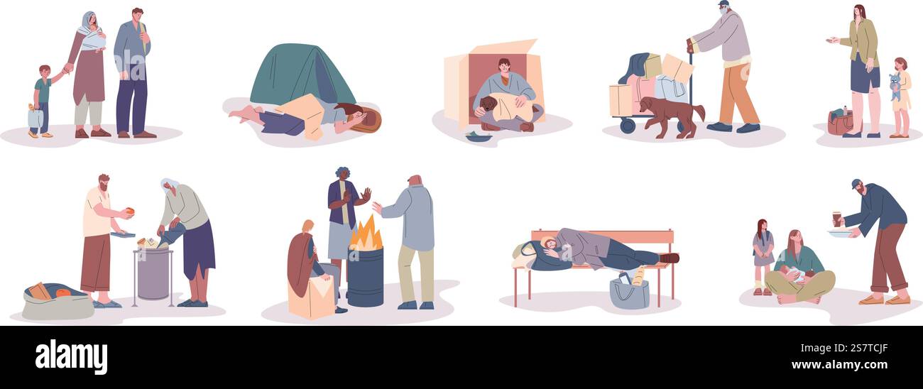 Poverty and refugee problems. Sad poor people sleep on street, homeless ...