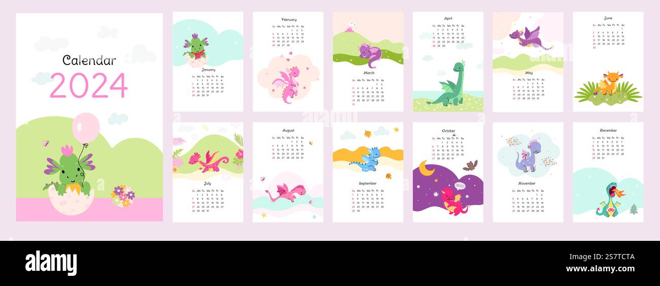 Cartoon dragons calendar. New year monthly posters with various dragon ...
