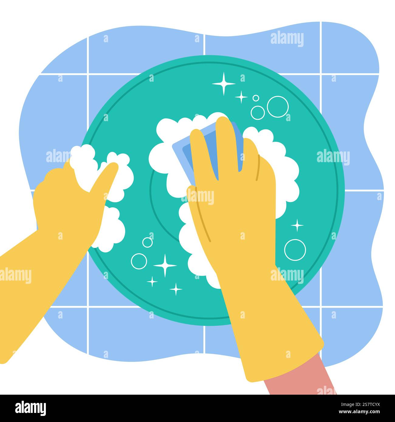 Cleaning food plate, clean dish in kitchen sink with foam. Hands in ...