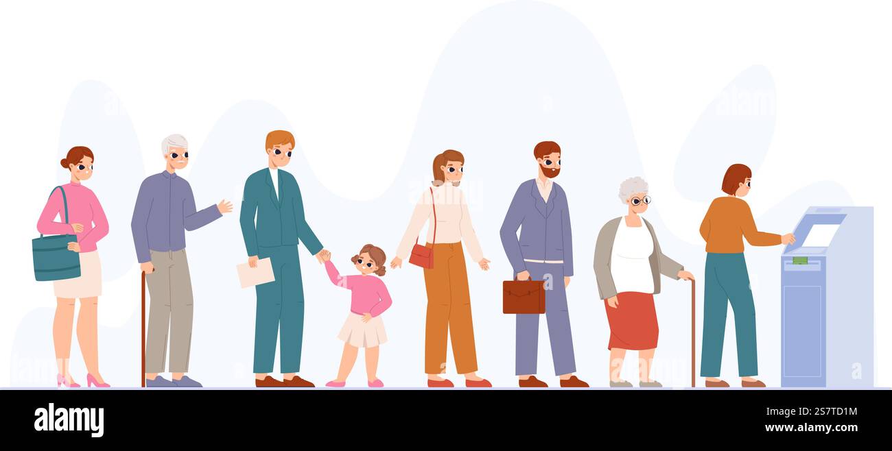 Atm people queue, person wait bank service. Waiting line to banking machine. Money and payment ...