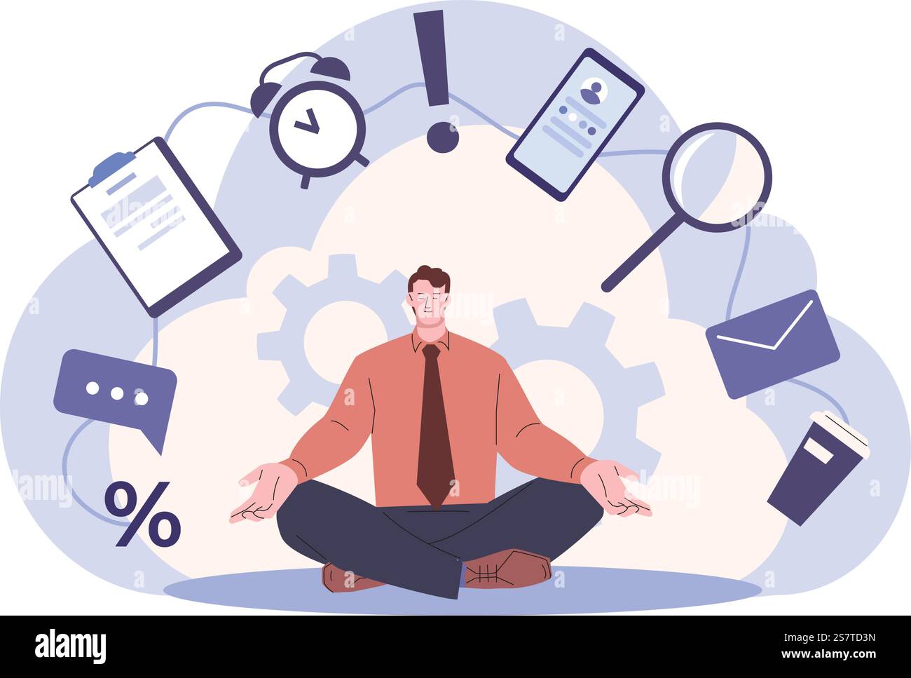 Businessman meditating in office. Tired business character and many tasks around. Yoga zen ...