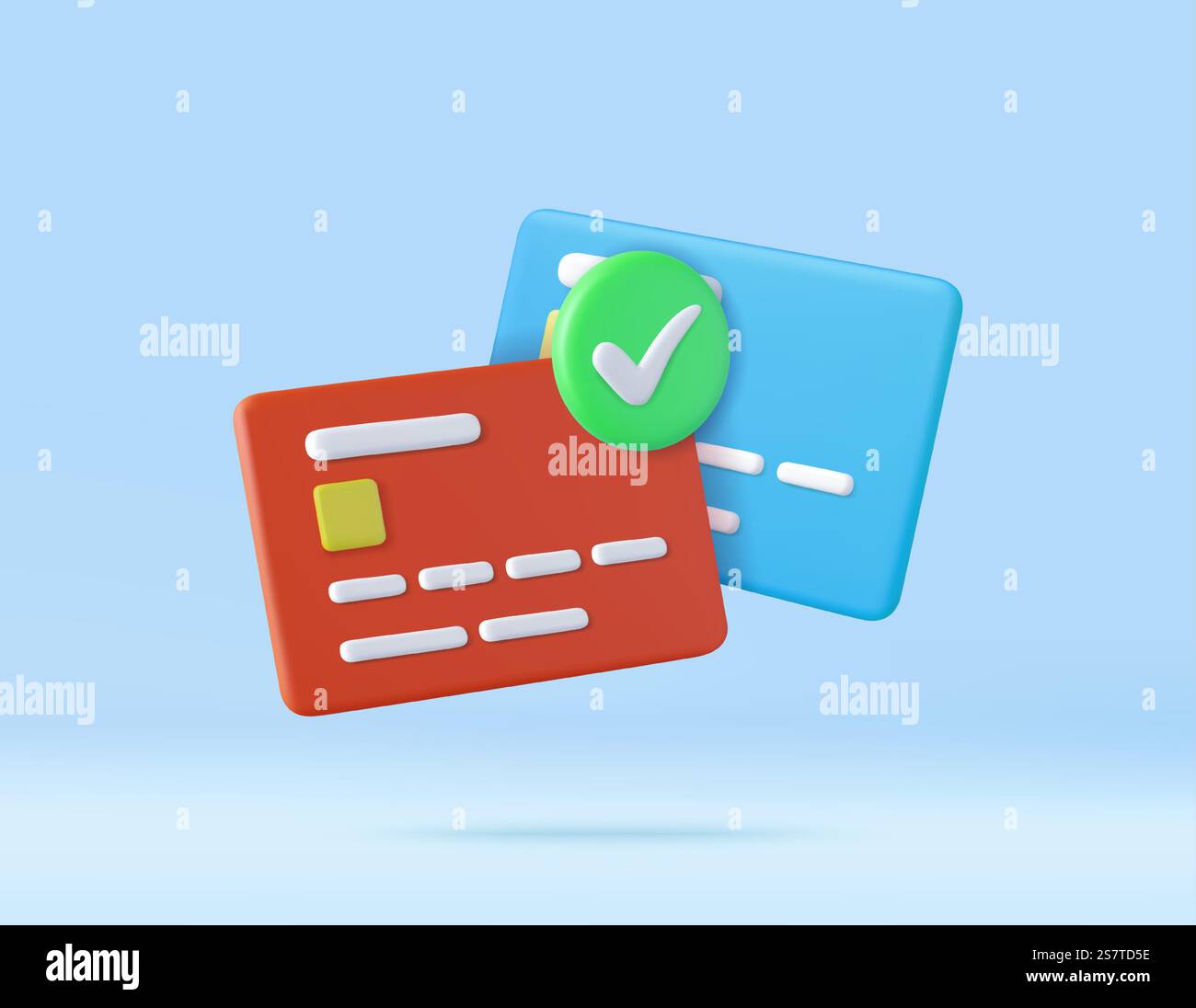 3d credit cards with green checkmark. for approve, correct and pass ...