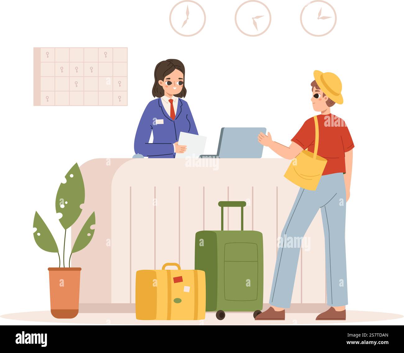 Reception desk in hotel, tourist with luggage and receptionist ...