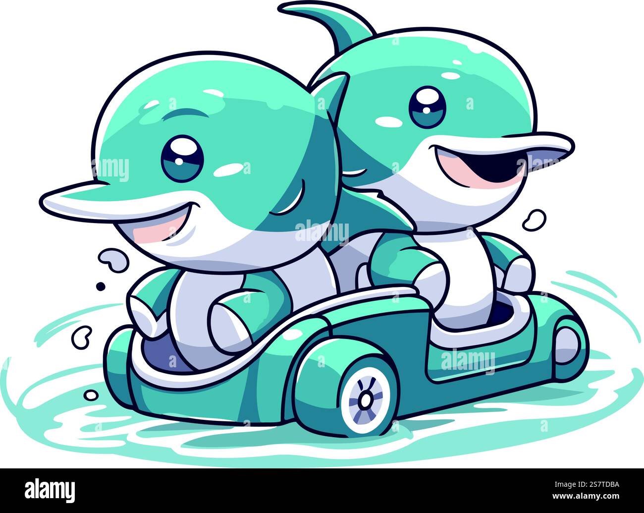 Two cute cartoon whales driving a car. Vector illustration isolated on ...