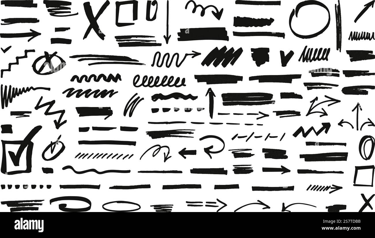 Black marker stains grunge set. Handwriting scribble stroke, underline ...