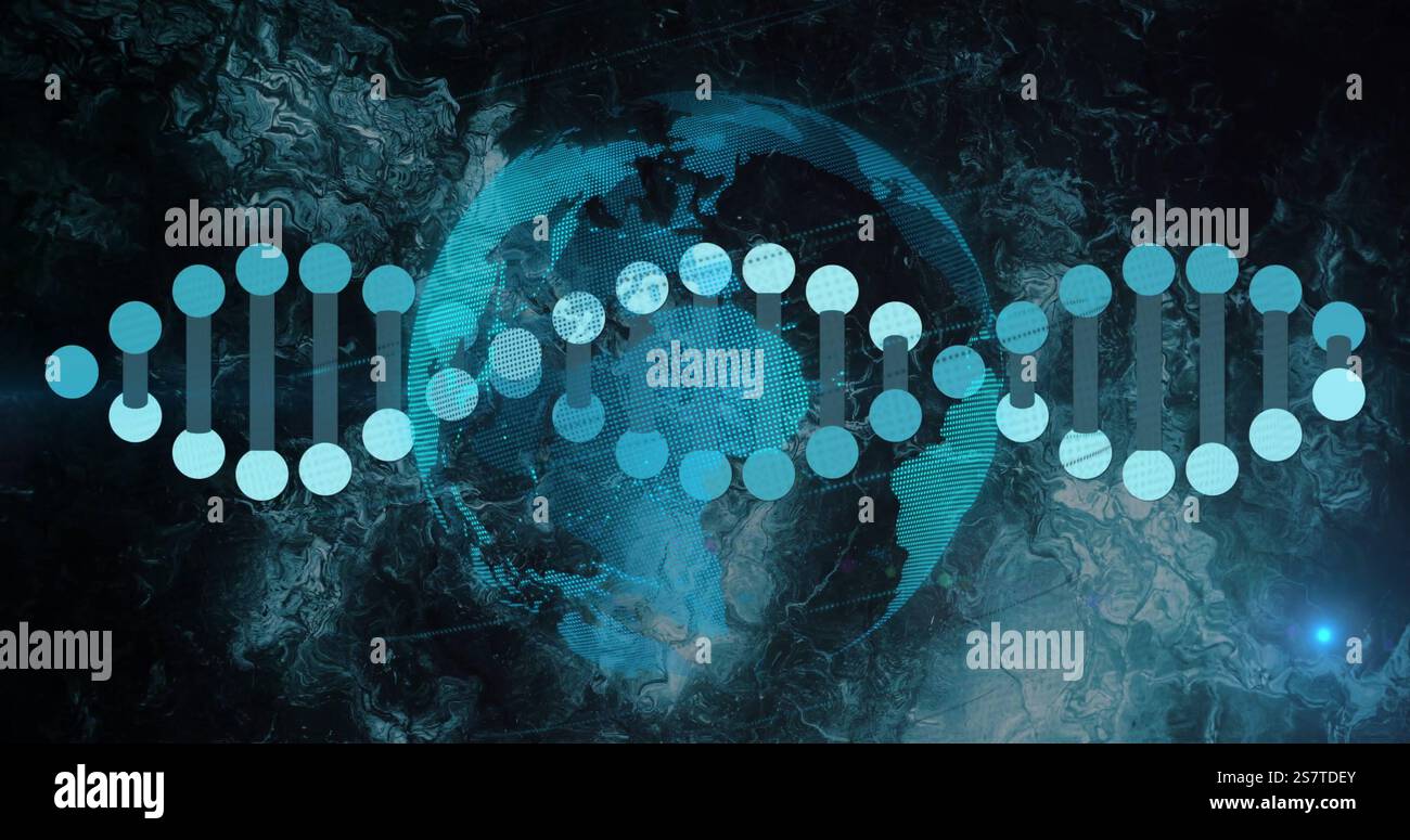 Image of digital data processing over globe and dna strand spinning ...