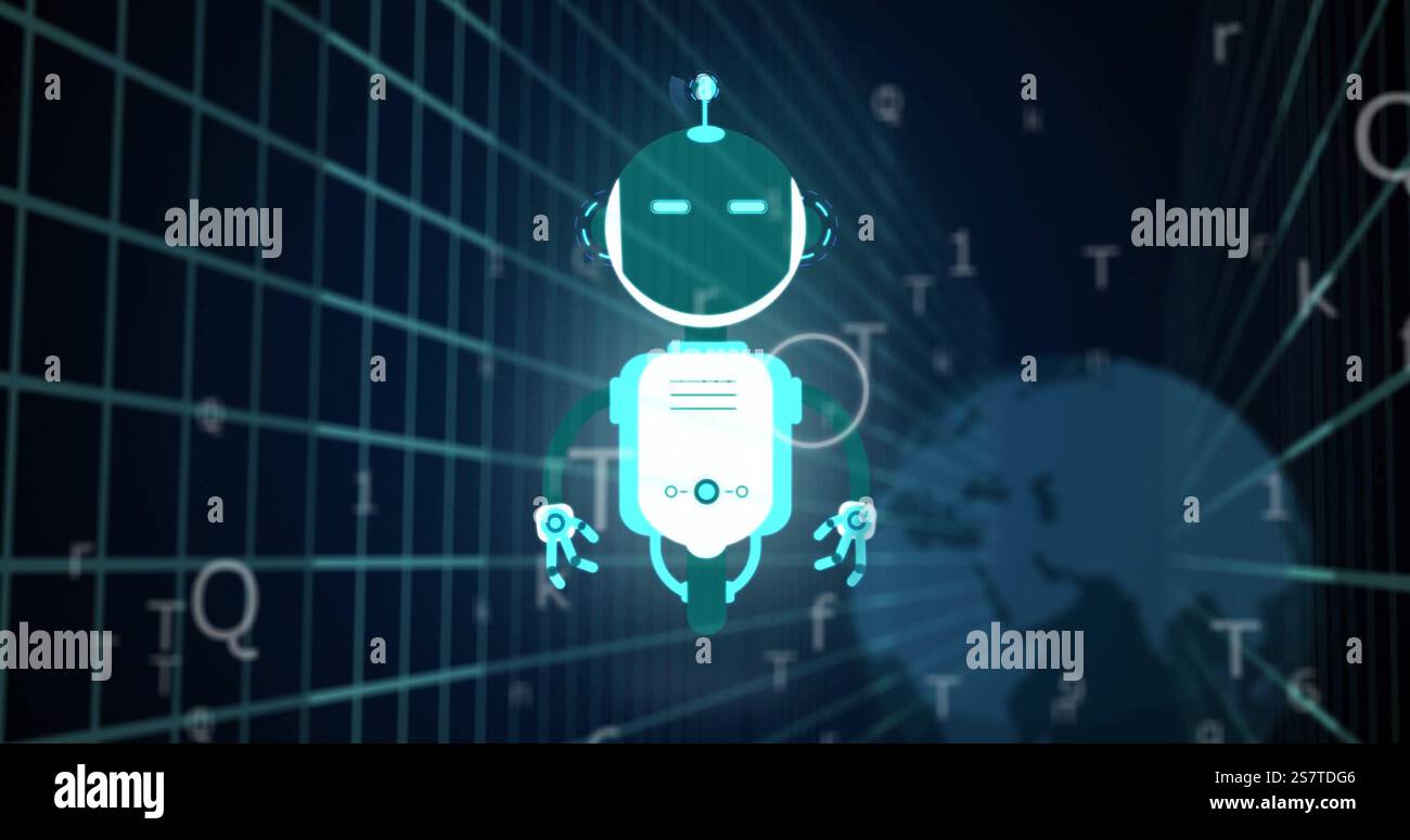 Robot image over digital icons and binary coding background Stock Photo ...