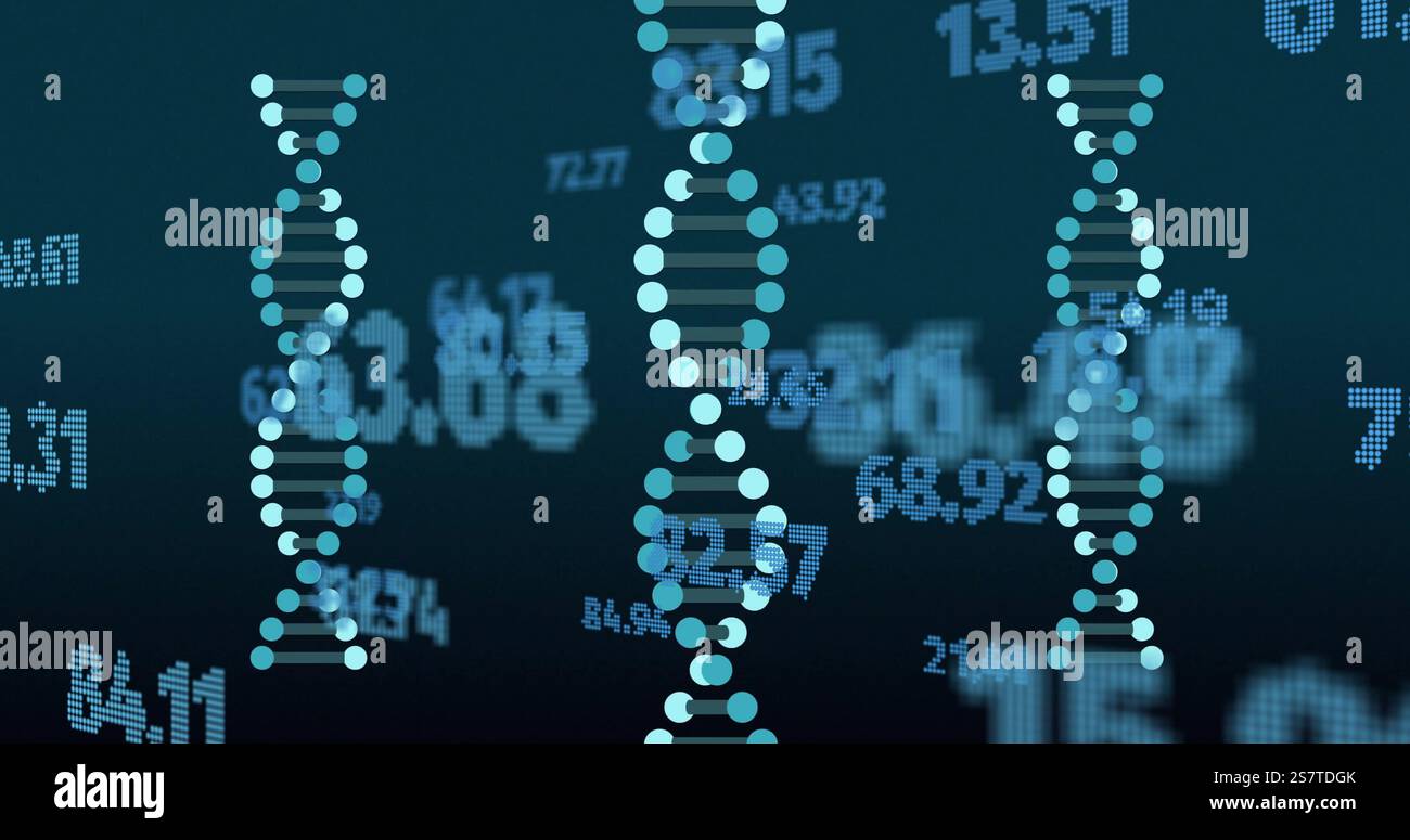 Image of digital data processing over dna strands spinning Stock Photo ...