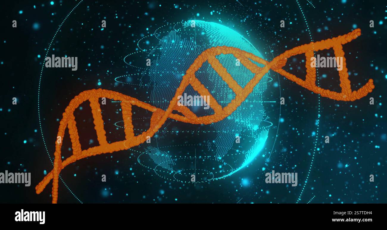 Image of dna strand over globe with light spots on black background ...