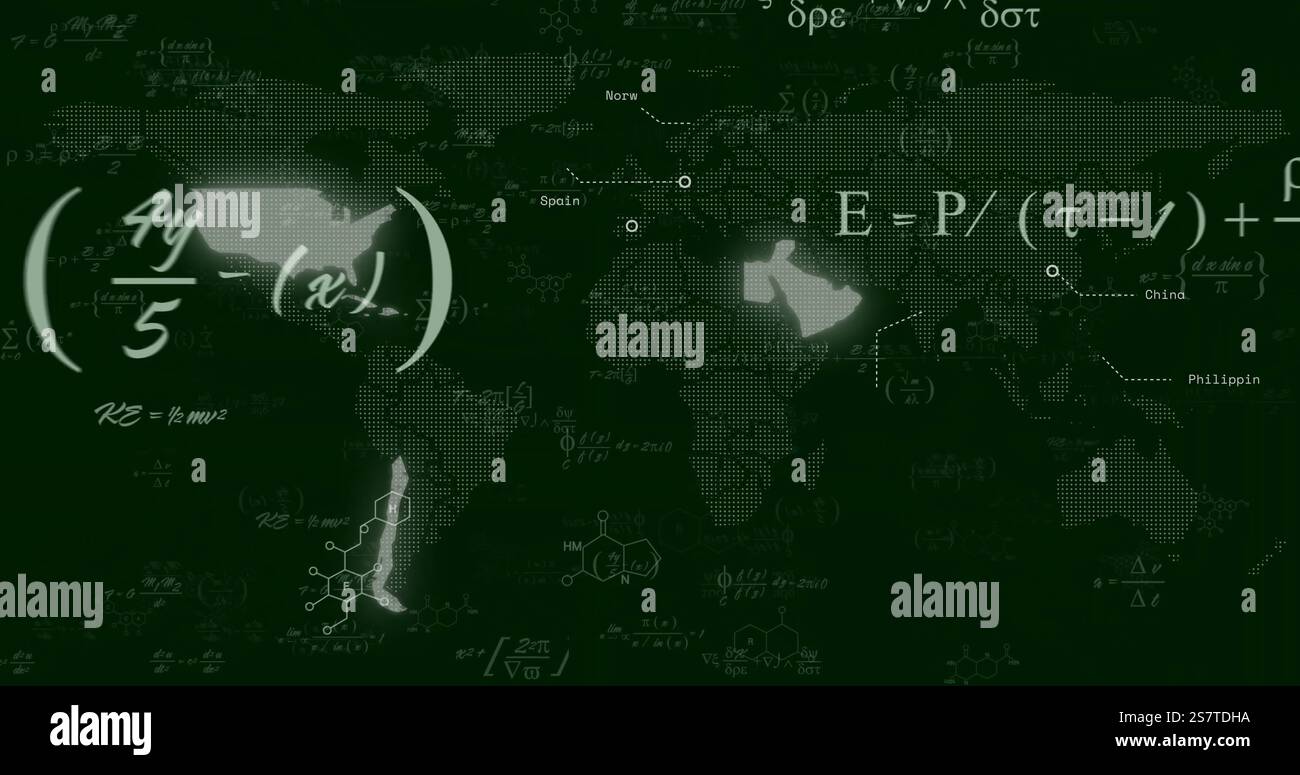 Image of mathematical equations and chemical formula over world map on ...