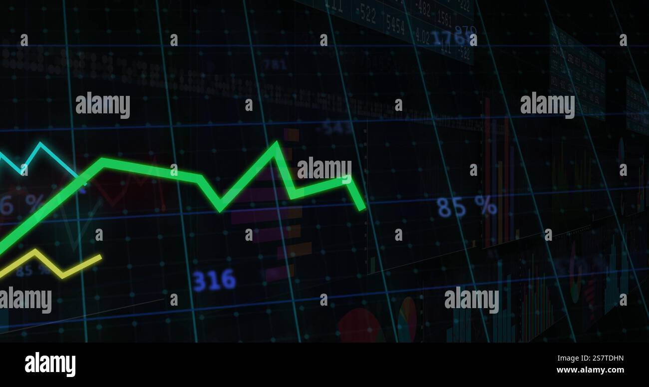 Image of statistics and digital data processing over grid on black ...