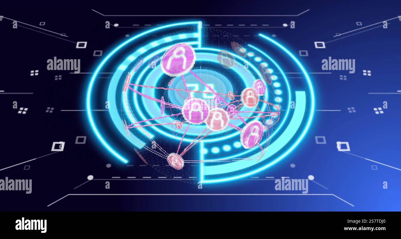 Network connections and data processing image over blue circular interface Stock Photo - Alamy