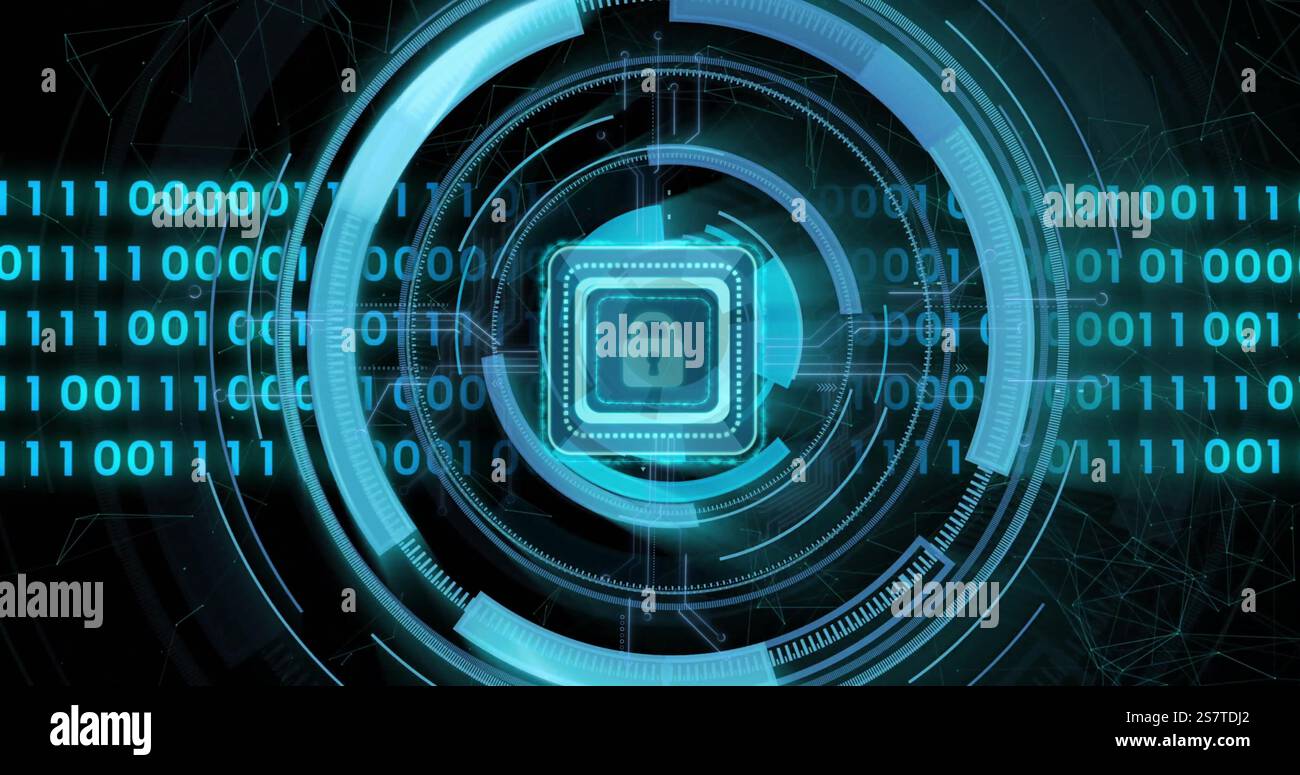 Image of scope scanning with data processing over padlock icon on black background Stock Photo ...