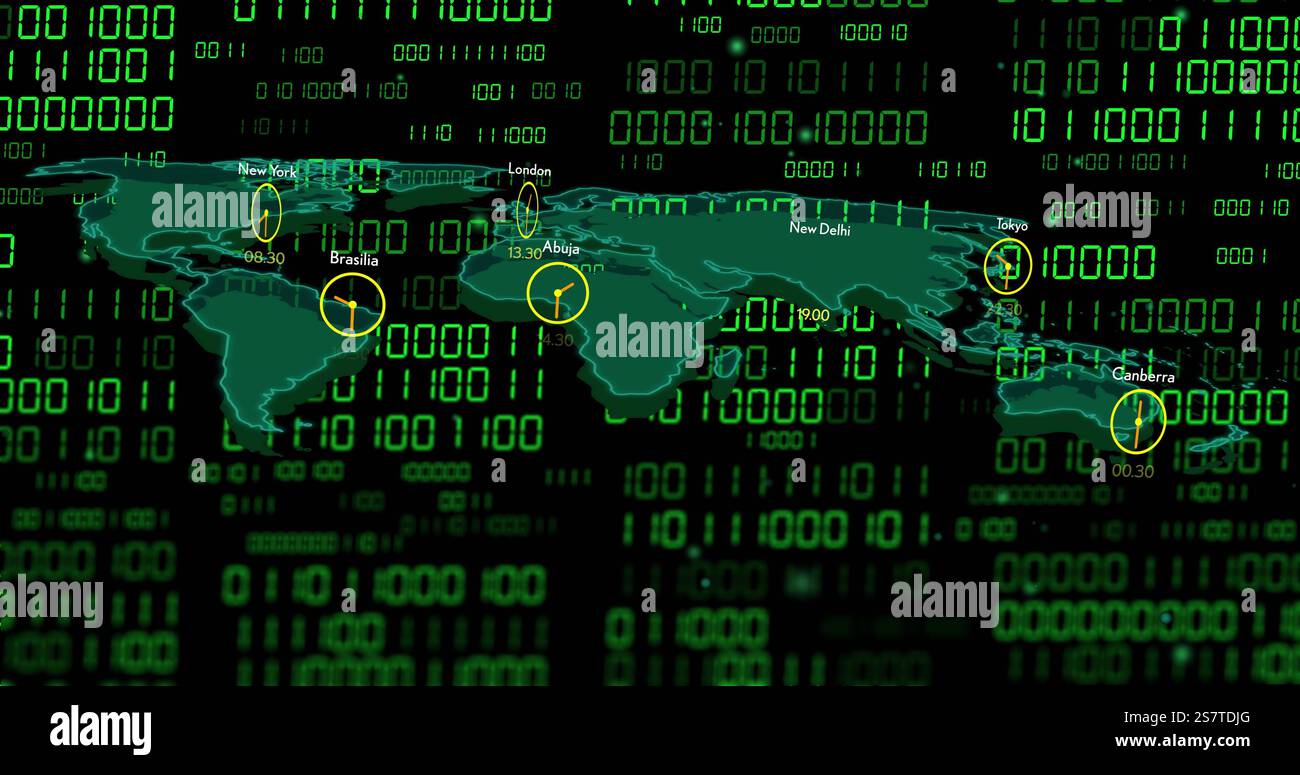 World map with clocks showing different time zones over binary code image Stock Photo - Alamy