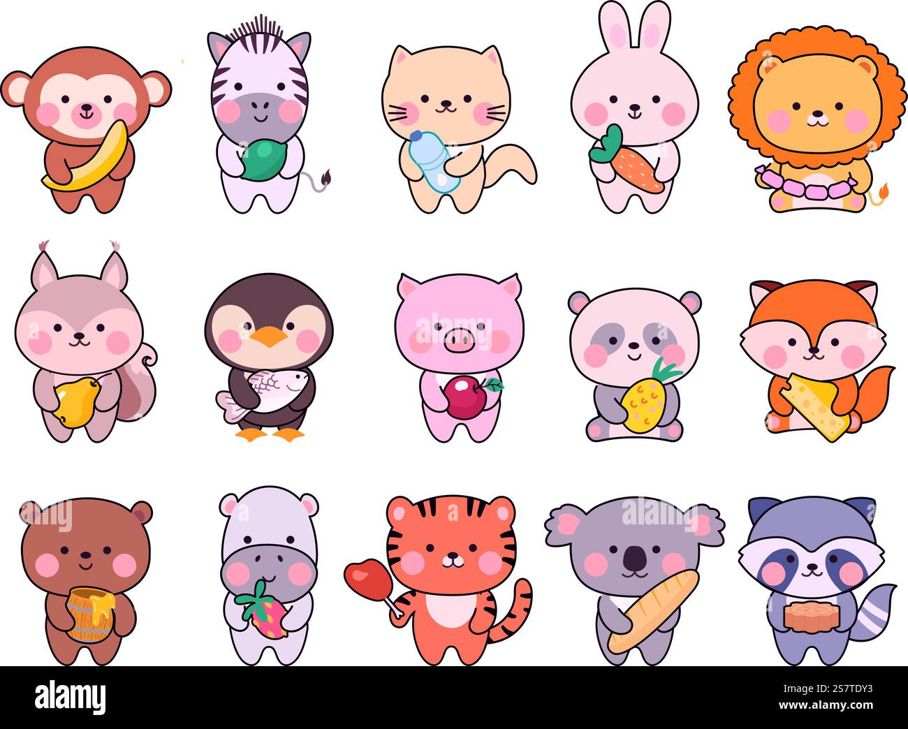 Cute tiny animals with food. Funny tiny animal, asian graphic art zoo ...