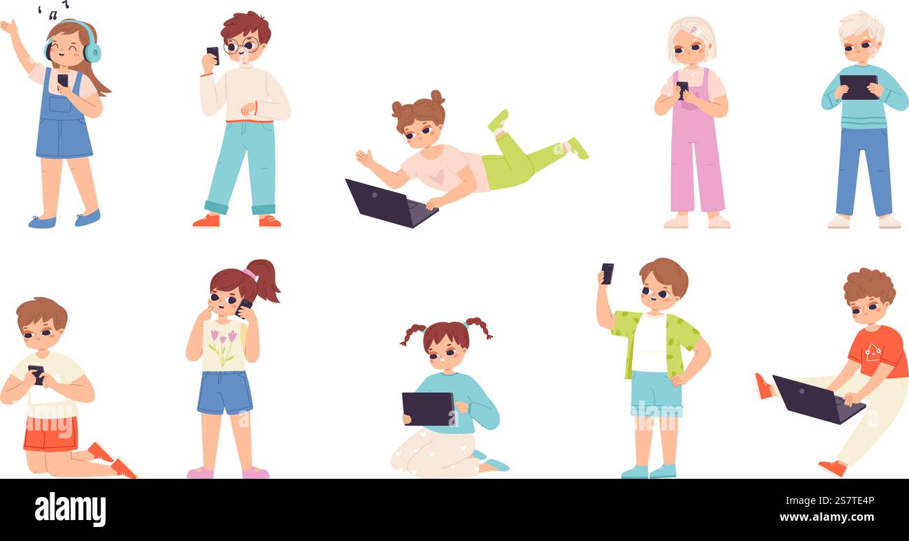 Kids with gadgets, playing and studying. Cartoon children using tablets ...