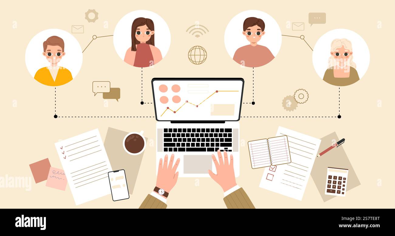 Online work connecting. Flexible job communication, laptop meeting and ...