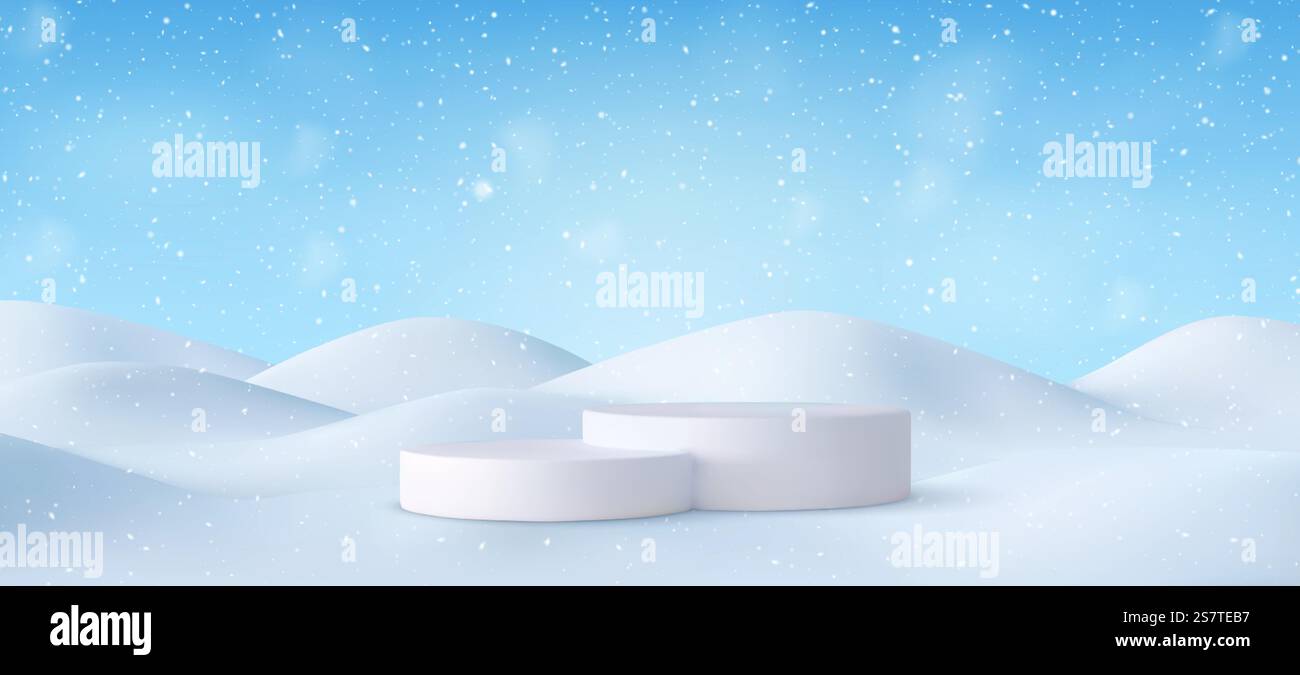 3d Christmas Winter landscape with snow drifts and product podium scene ...