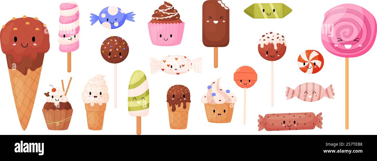 Kawaii sweets isolated characters. Ice cream, lollipops and candies ...