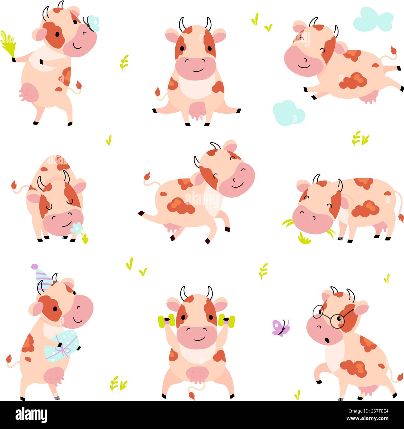 Cute cow. Funny cartoon cows, milk farm animals. Humorous mammal walking, eating and training ...