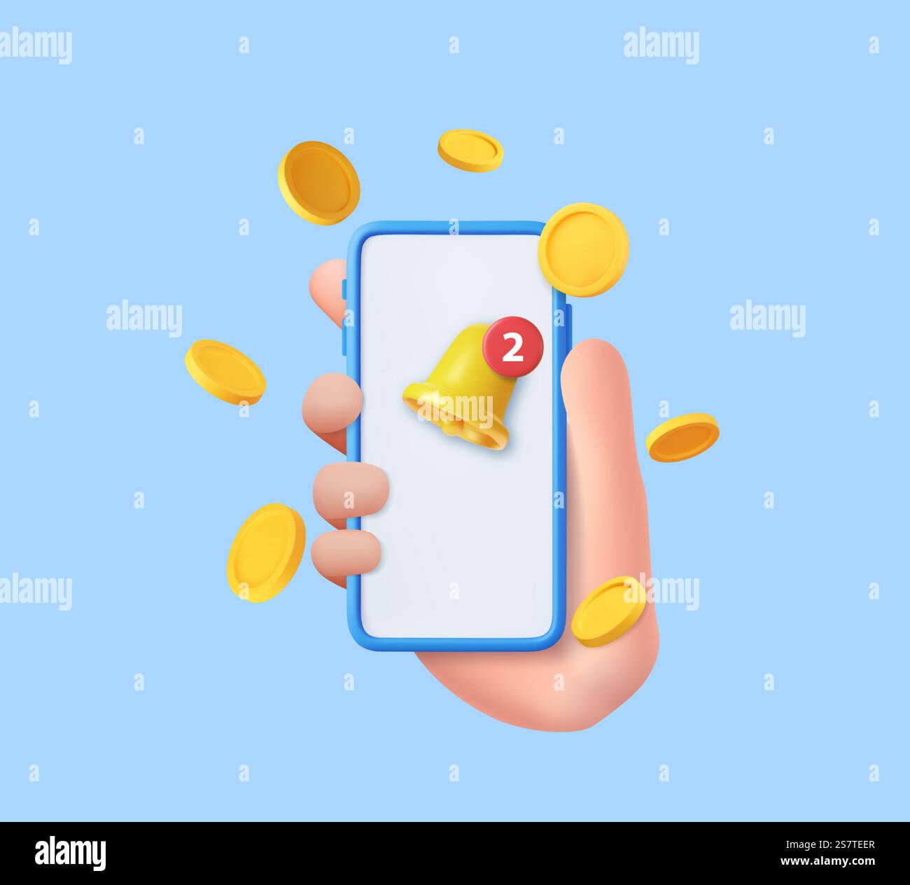 3d hand hold mobile phone with Notification bell. app bill online ...