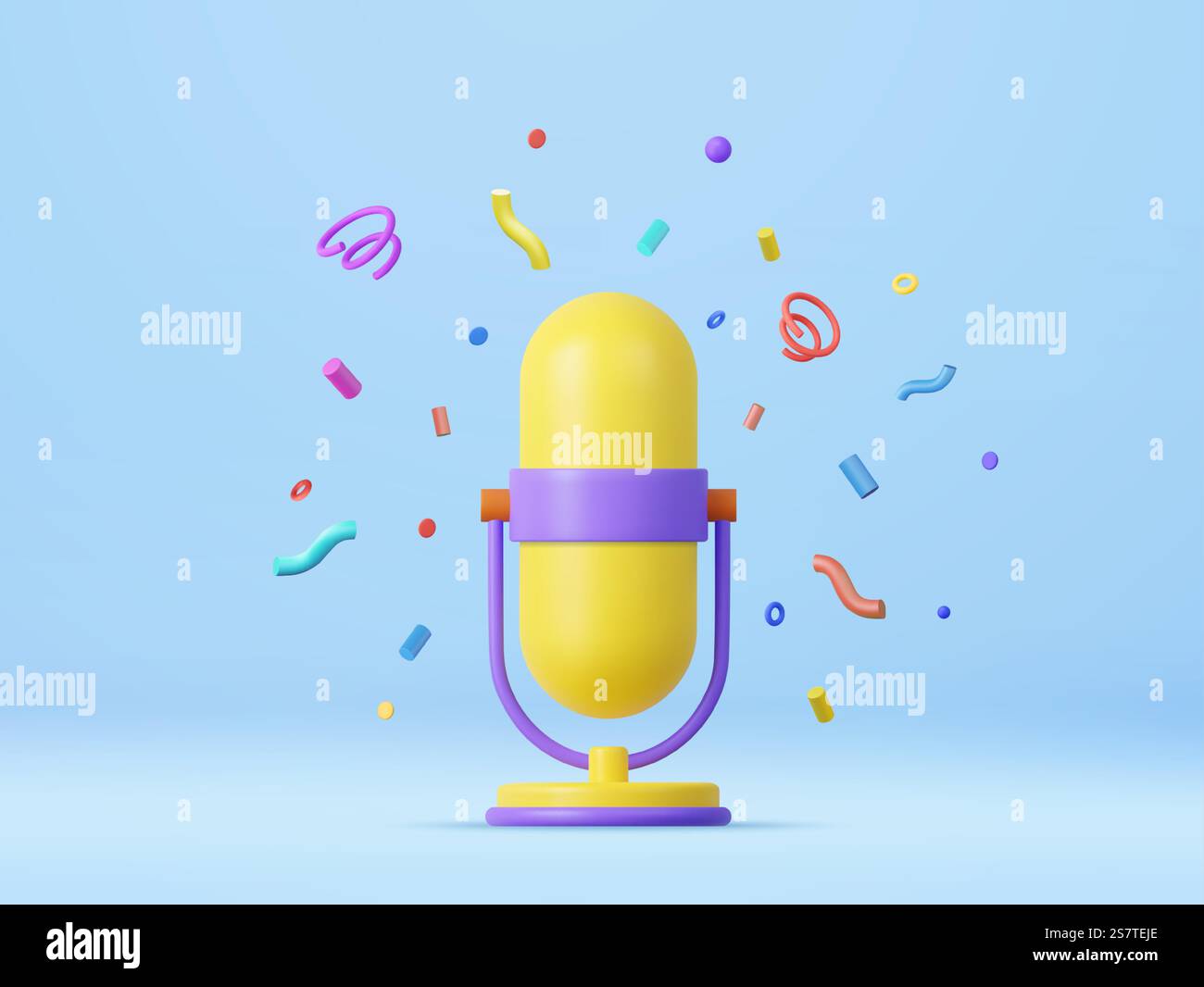 3d Podcast microphone on stand with abstract shapes, audio equipment ...