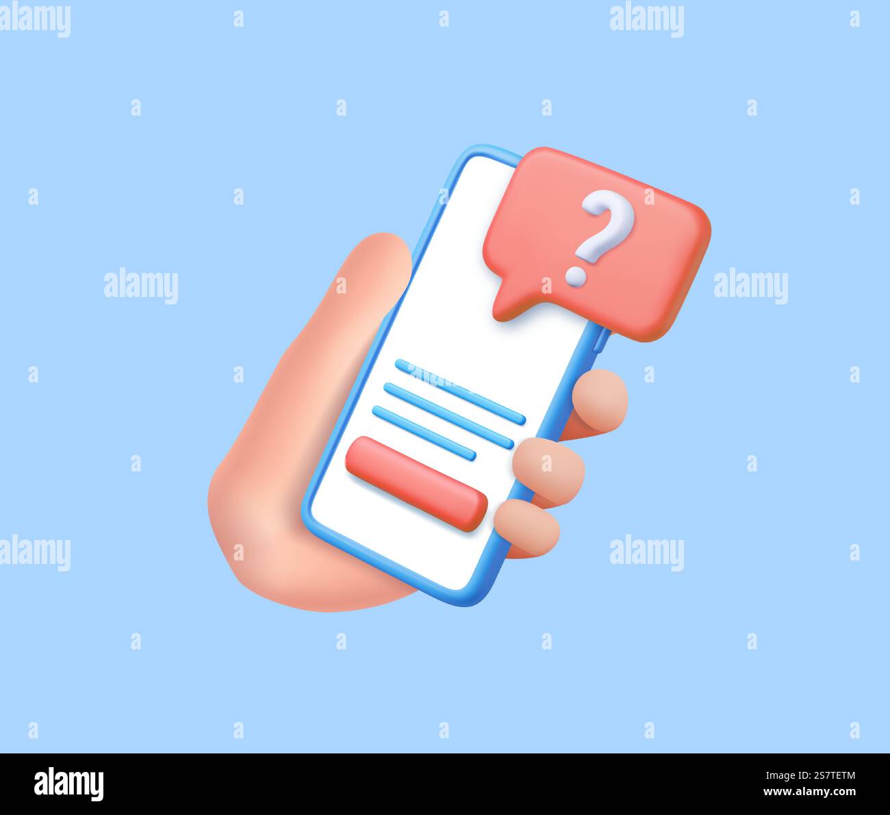 3D Hand holding mobile phone with question mark icon and question ...