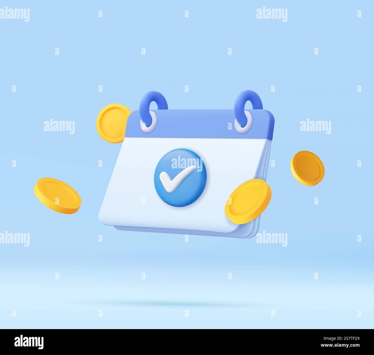 3D Calendar with Coin and Check mark. Completed money transfer. Time to ...