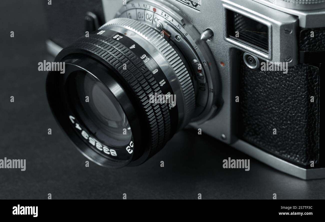 Lens and viewfinder of a vintage rangefinder camera. Close-up Stock ...