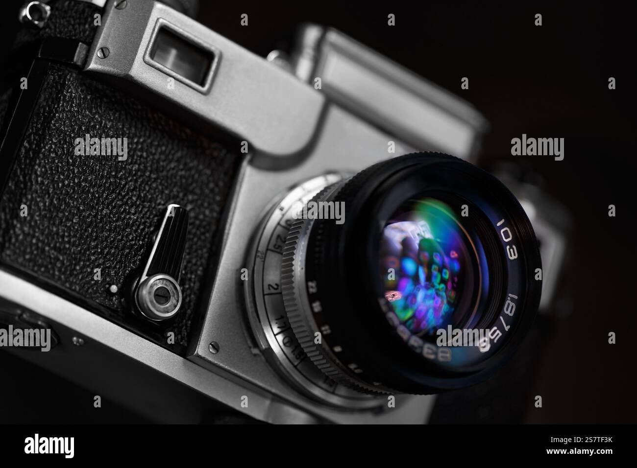 Vintage rangefinder camera with colored lens flares. Close-up Stock ...