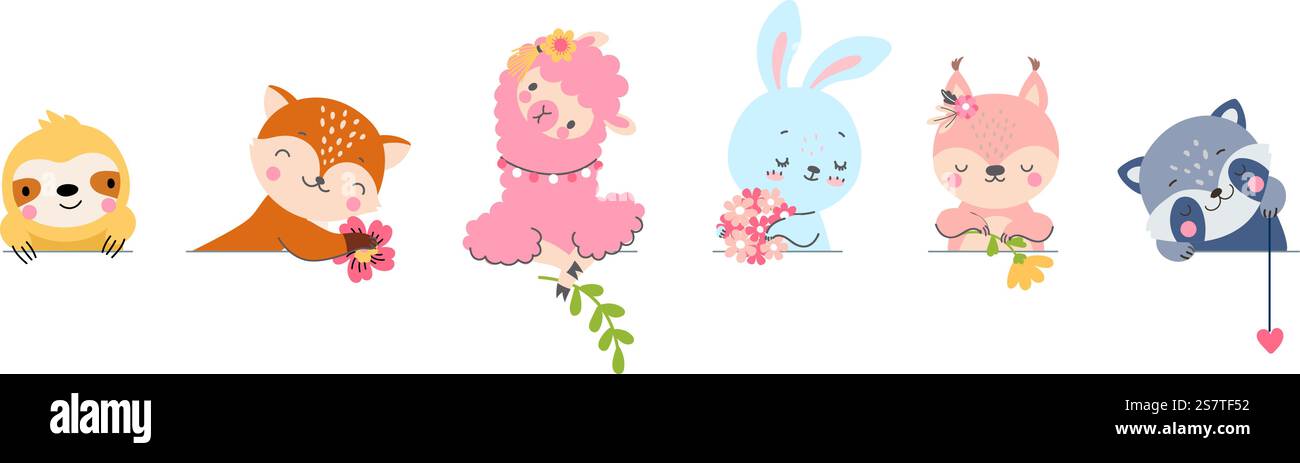 Cute cartoon decorative animals. Rabbit, raccoon, squirrel and fox ...