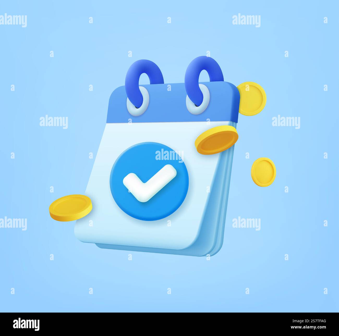3D Calendar with Coin and Check mark. Completed money transfer. Time to ...