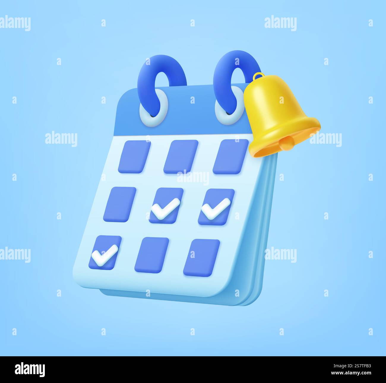 3D Calendar with check mark in date and bell notification. Meeting ...