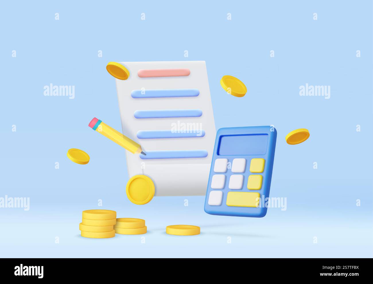 3d Calculator icon and paper document with financial reports. Budget ...