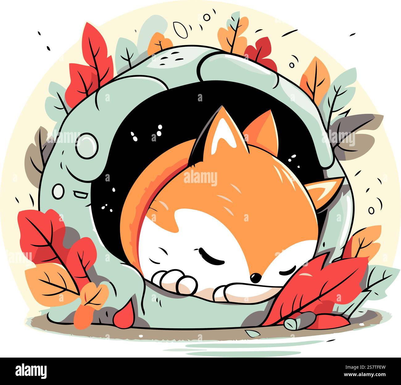 Cute cartoon fox sleeping in the cat house. Vector illustration Stock ...