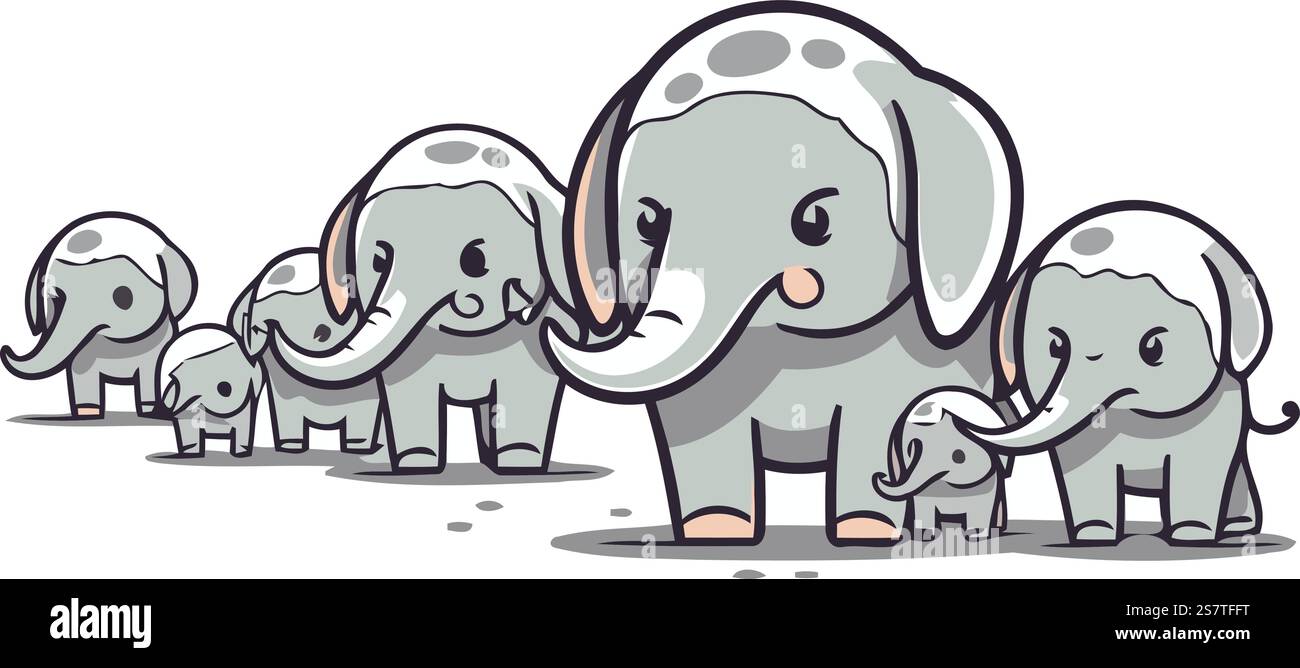 Cute cartoon elephant family. Vector illustration of a group of ...