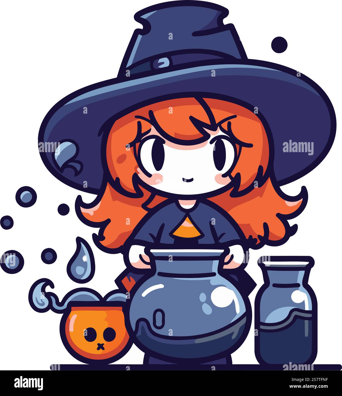 Cute cartoon girl witch with pot of potion. Vector illustration Stock ...