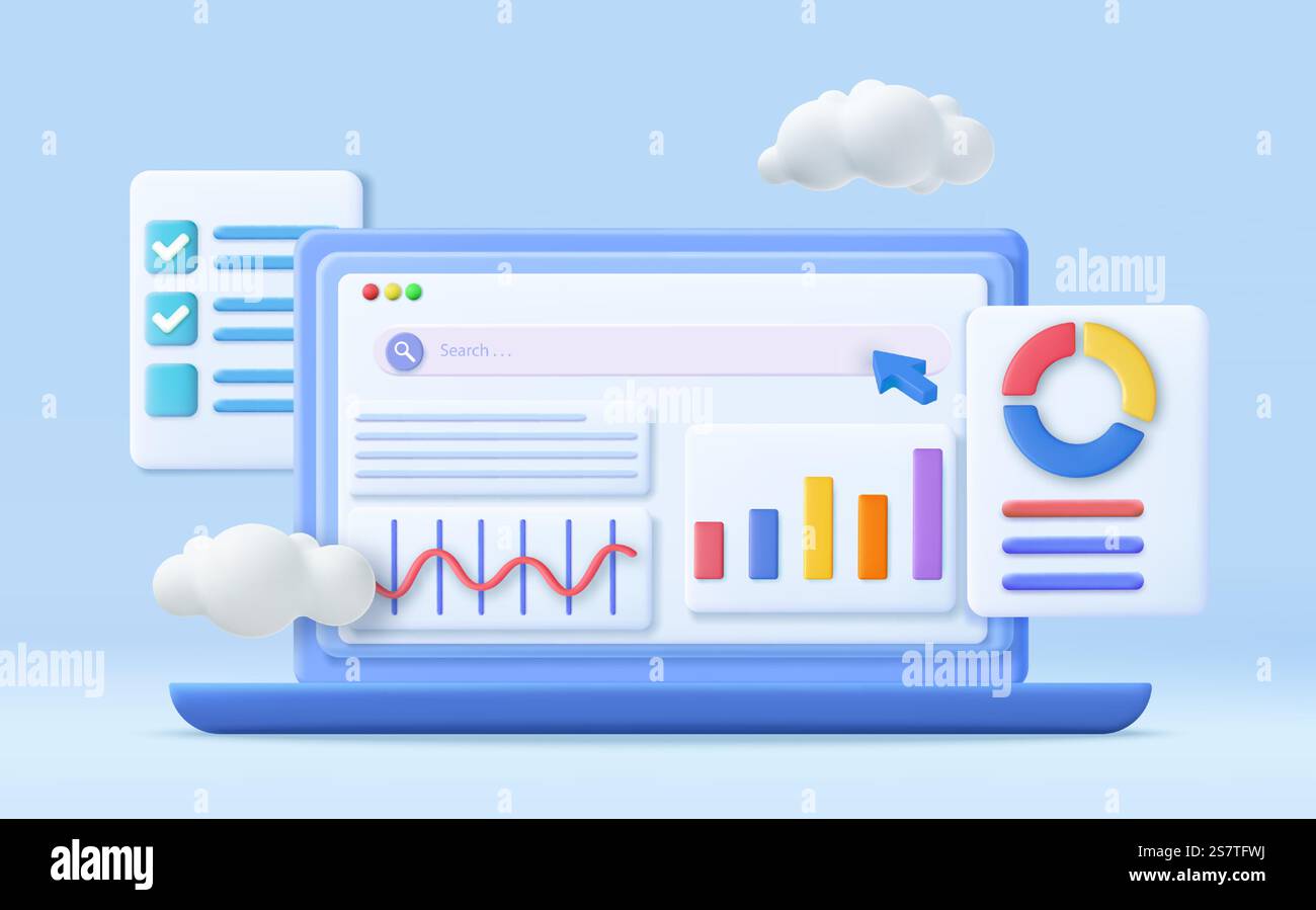 3D Financial report chart, SEO Optimization, web analytics and seo marketing concept. Business ...