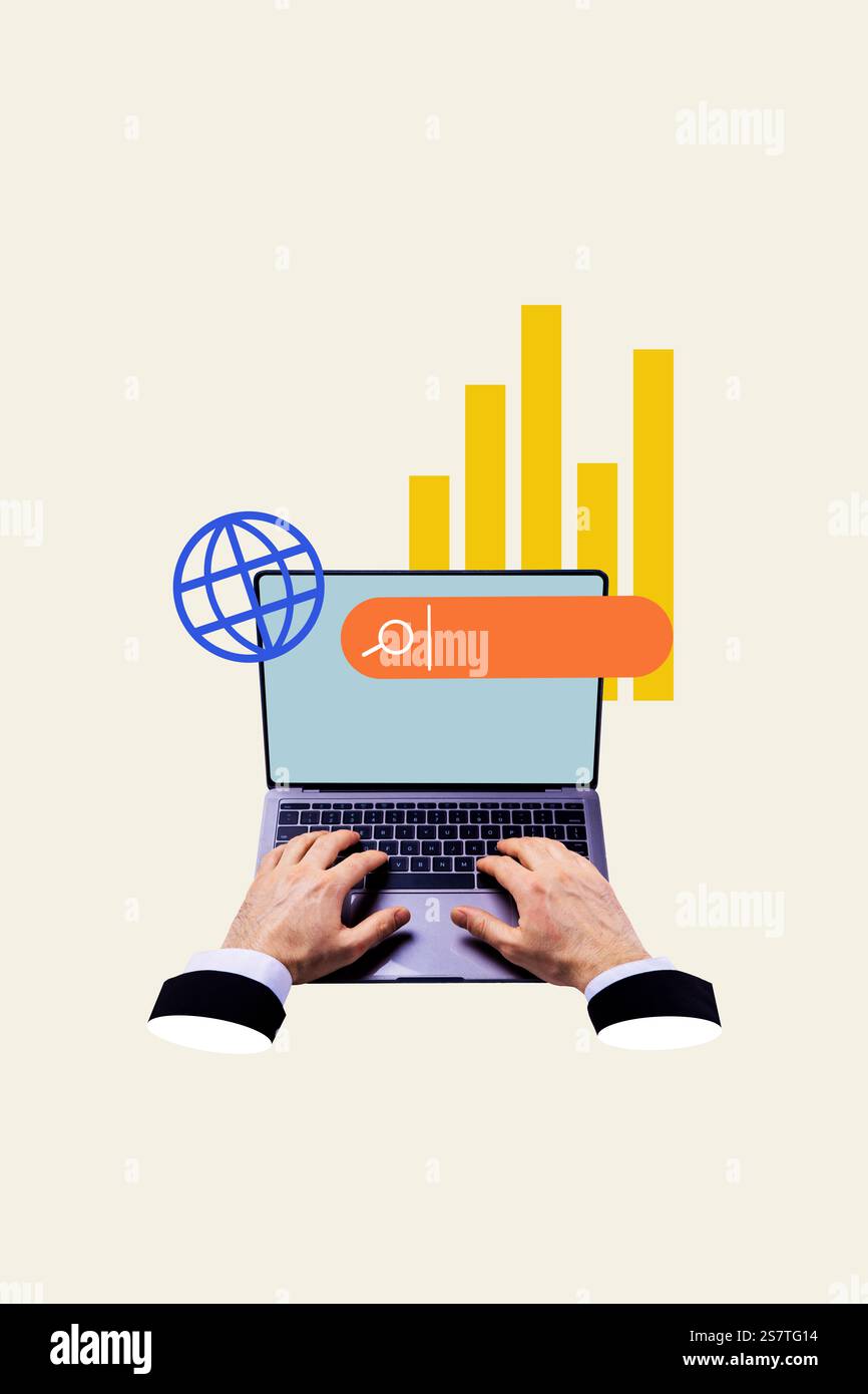 Exclusive image vertical photo collage of hands type modern laptop ...