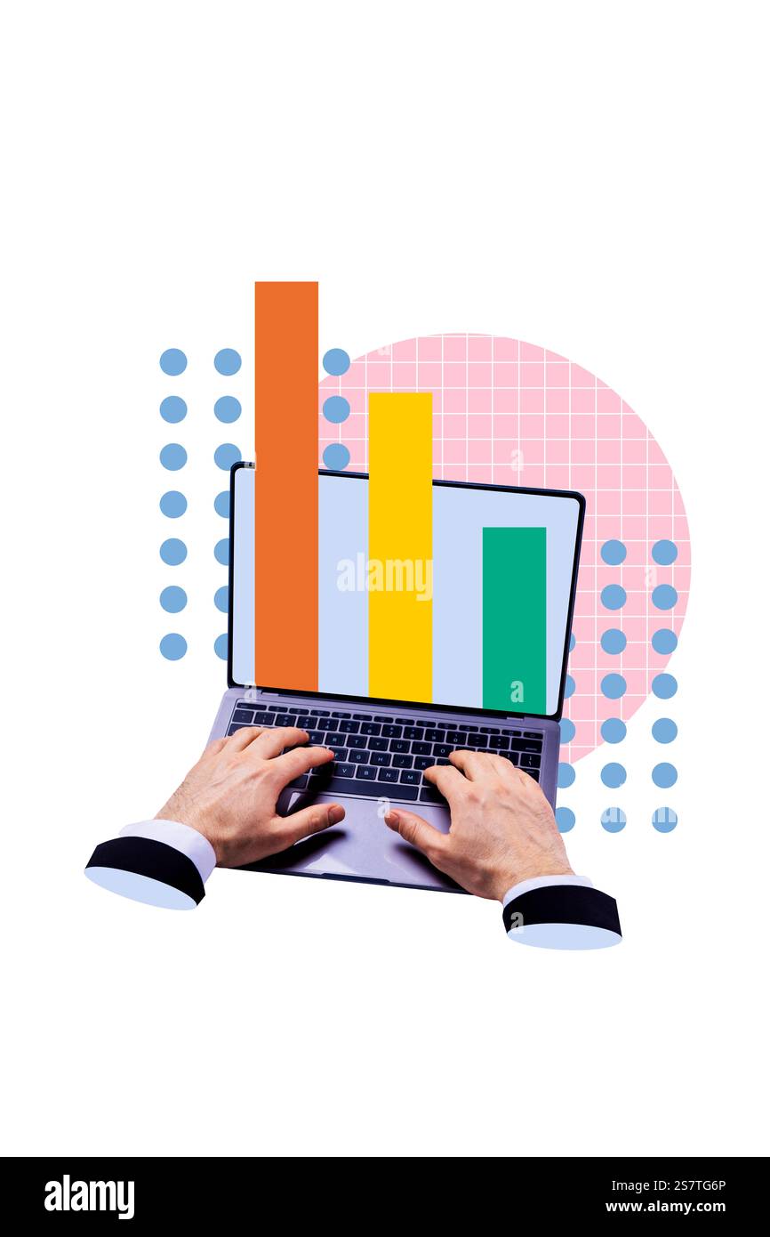 Vertical sketch 3d artwork collage poster of hands type laptop keyboard chart icon development ...